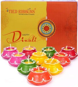 tied ribbons 12 pcs handmade clay diya for diwali, wax filled | traditional homemade diyas tealight | indian oil lamp | diwali decorations for home | terracotta diyas | matki diya | diwali diya