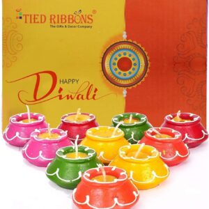 TIED RIBBONS 12 pcs Handmade Clay Diya for Diwali, Wax Filled | Traditional Homemade Diyas Tealight | Indian Oil Lamp | Diwali Decorations for Home | Terracotta Diyas | Matki Diya | Diwali Diya