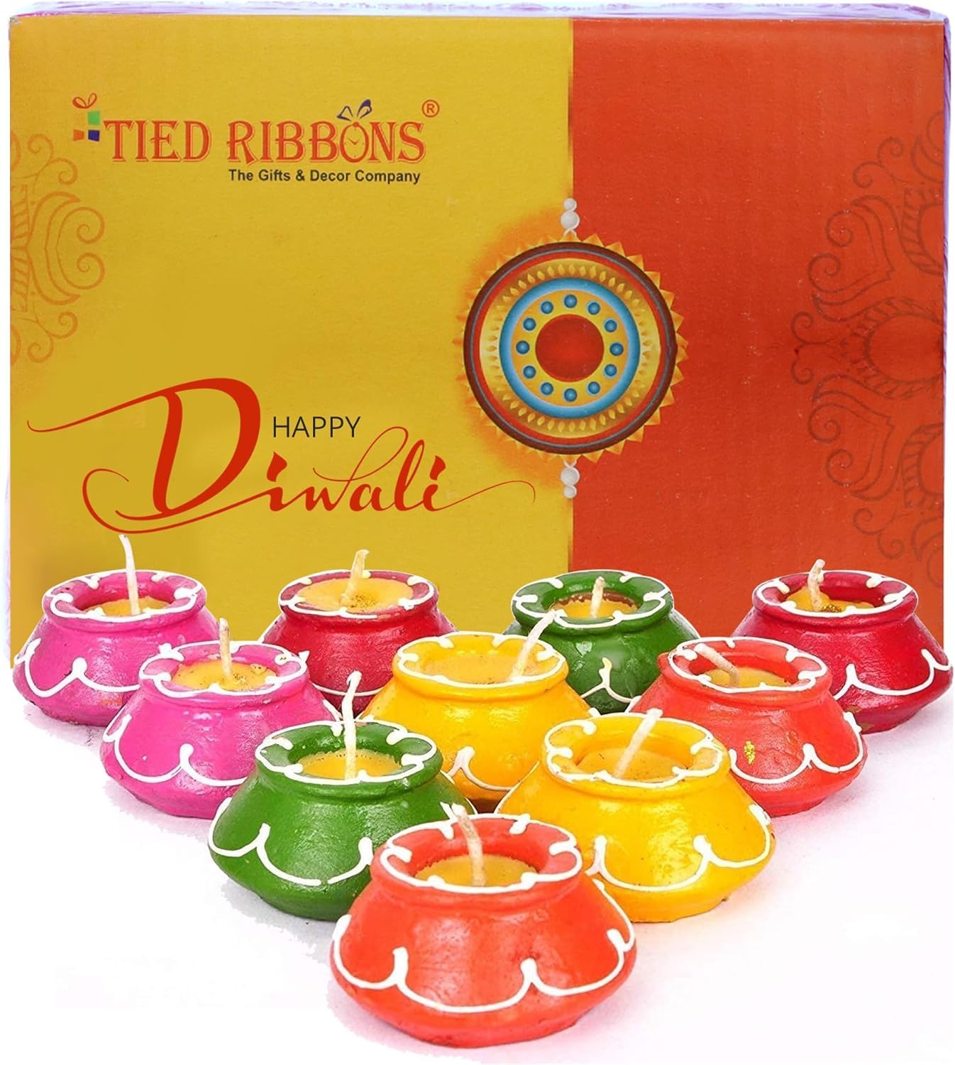 TIED RIBBONS 12 pcs Handmade Clay Diya for Diwali, Wax Filled | Traditional Homemade Diyas Tealight | Indian Oil Lamp | Diwali Decorations for Home | Terracotta Diyas | Matki Diya | Diwali Diya