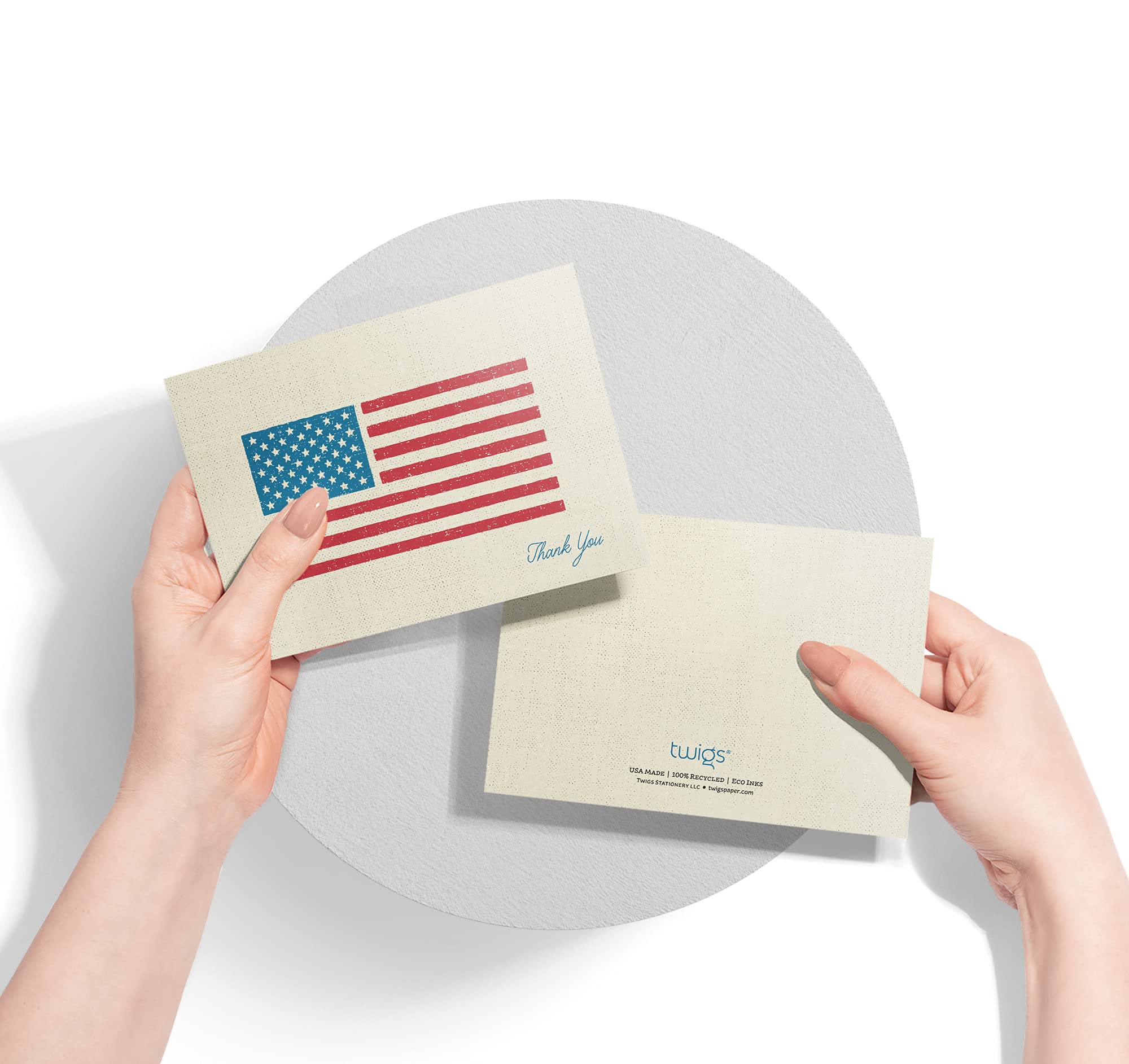 Twigs Paper - American Flag Thank You Cards - Blank Patriotic Stationary Cards w/Envelopes - Greeting Card for Veteran's Day, Memorial Day, 4th of July & More - Made In USA - 5.5" x 4.25" (Set of 12)