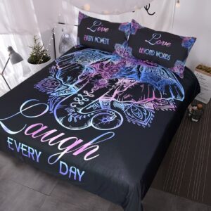 blessliving glowing elephant bedding set, paisley lotus flowers bedding for couples, funky elephant head duvet cover set (queen, text)