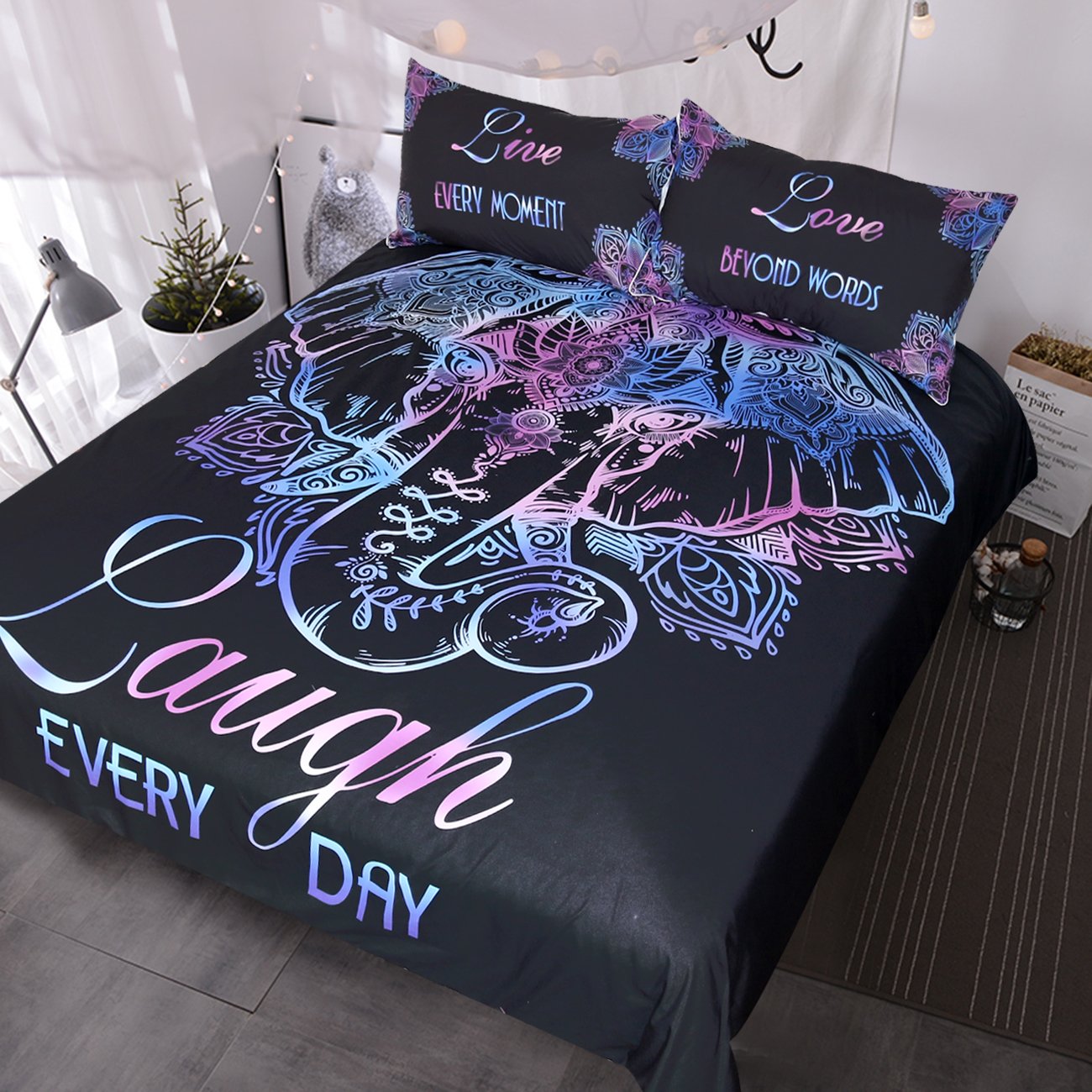 BlessLiving Glowing Elephant Bedding Set, Paisley Lotus Flowers Bedding for Couples, Funky Elephant Head Duvet Cover Set (Queen, Text)