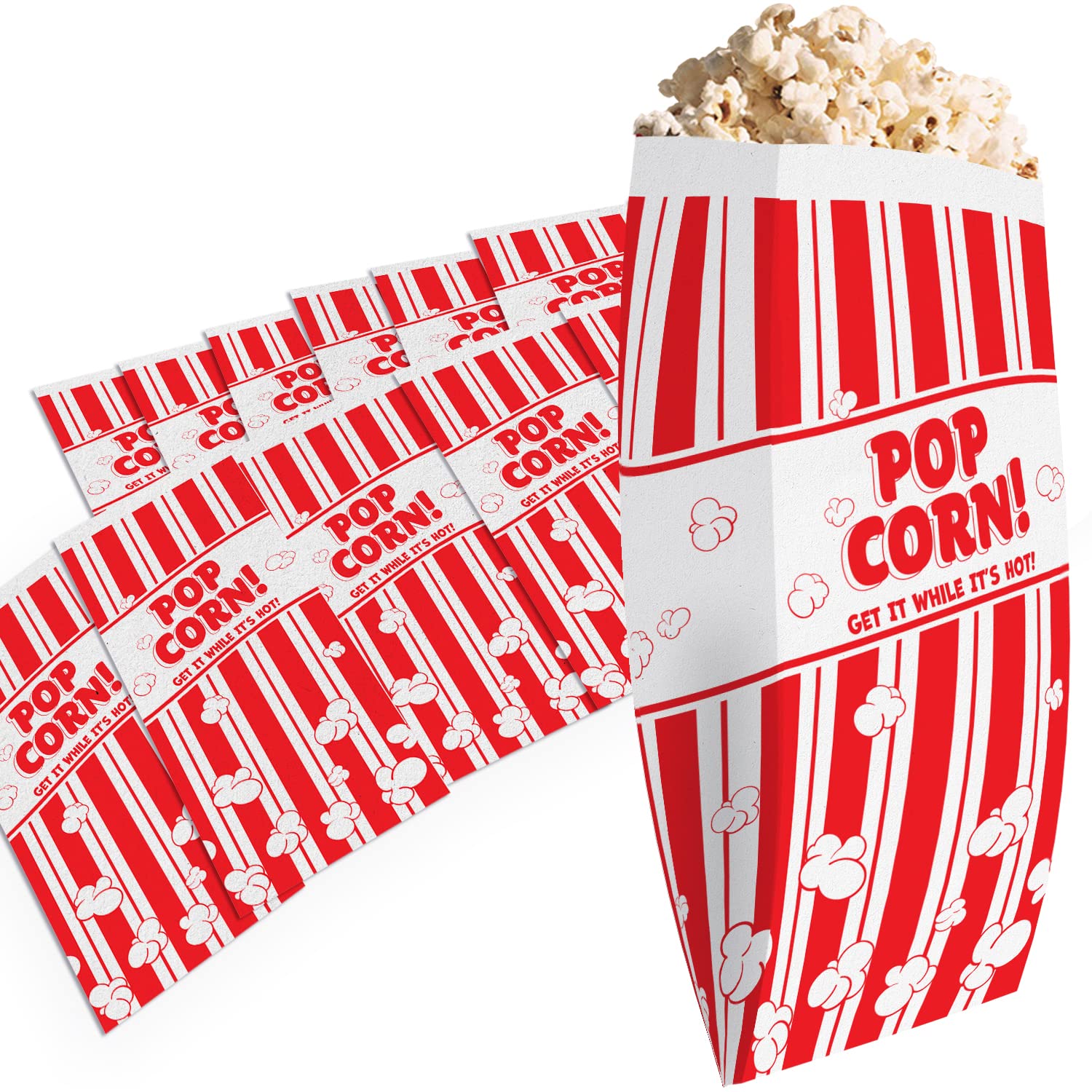 Retro, Grease Resistant Popcorn Bags 50 Pack. Single Serving 1oz Paper Sleeves in Nostalgic Red/White Design Movie Theme Party and Old Fashioned Carnivals & Fundraisers Old School Supplies