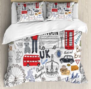 ambesonne hipster duvet cover set, i love london double decker bus telephone booth cab crown of united kingdom big ben, decorative 3 piece bedding set with 2 pillow shams, queen size, white red