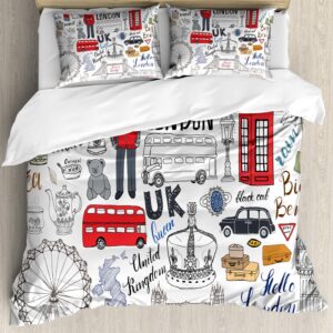 Ambesonne Hipster Duvet Cover Set, I Love London Double Decker Bus Telephone Booth Cab Crown of United Kingdom Big Ben, Decorative 3 Piece Bedding Set with 2 Pillow Shams, Queen Size, White Red