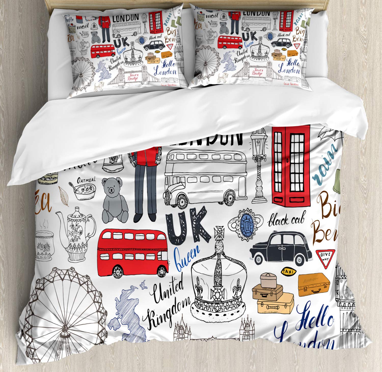 Ambesonne Hipster Duvet Cover Set, I Love London Double Decker Bus Telephone Booth Cab Crown of United Kingdom Big Ben, Decorative 3 Piece Bedding Set with 2 Pillow Shams, Queen Size, White Red