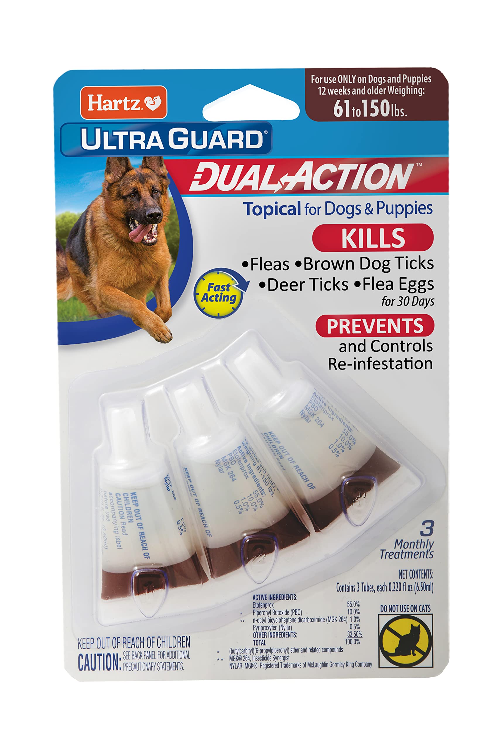 Hartz UltraGuard Dual Action Topical Flea & Tick Treatment for Dogs and Puppies - 61-150lbs, 3 Monthly Treatments