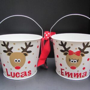 Personalized 5 quart Christmas pail or gift bucket- reindeer design