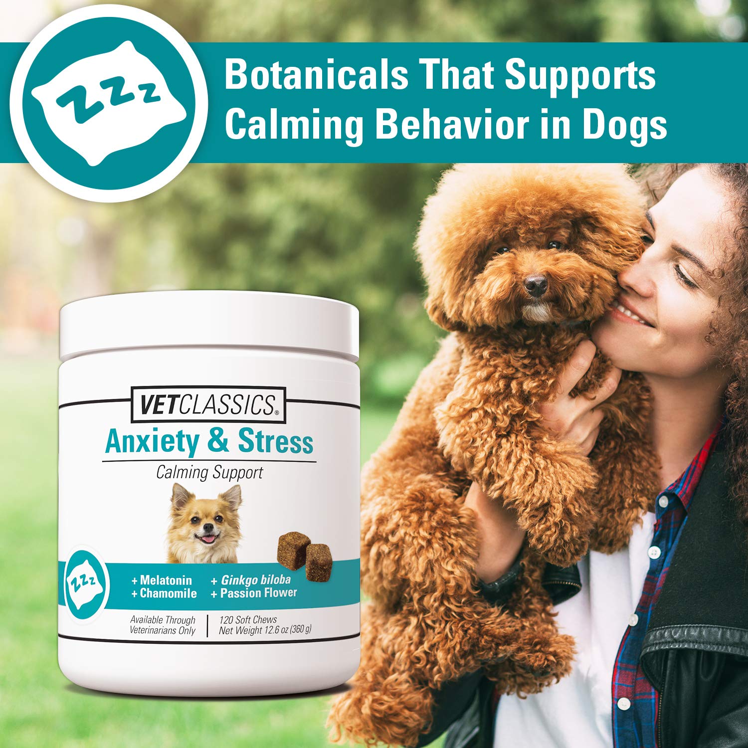 Vet Classics Anxiety & Stress Dog Supplement – Helps Reduce Dog Stress – Includes Botanicals for Calming Dog Behavior, Pet Nervousness – Melatonin, Chamomile, Ginkgo Biloba – Soft Chews 120 Ct.