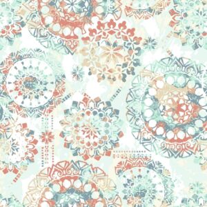 roommates rmk9126wp orange and blue boho medallion peel and stick wallpaper, coral, 20.5" x 16.5 feet