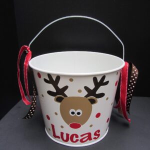 Personalized 5 quart Christmas pail or gift bucket- reindeer design