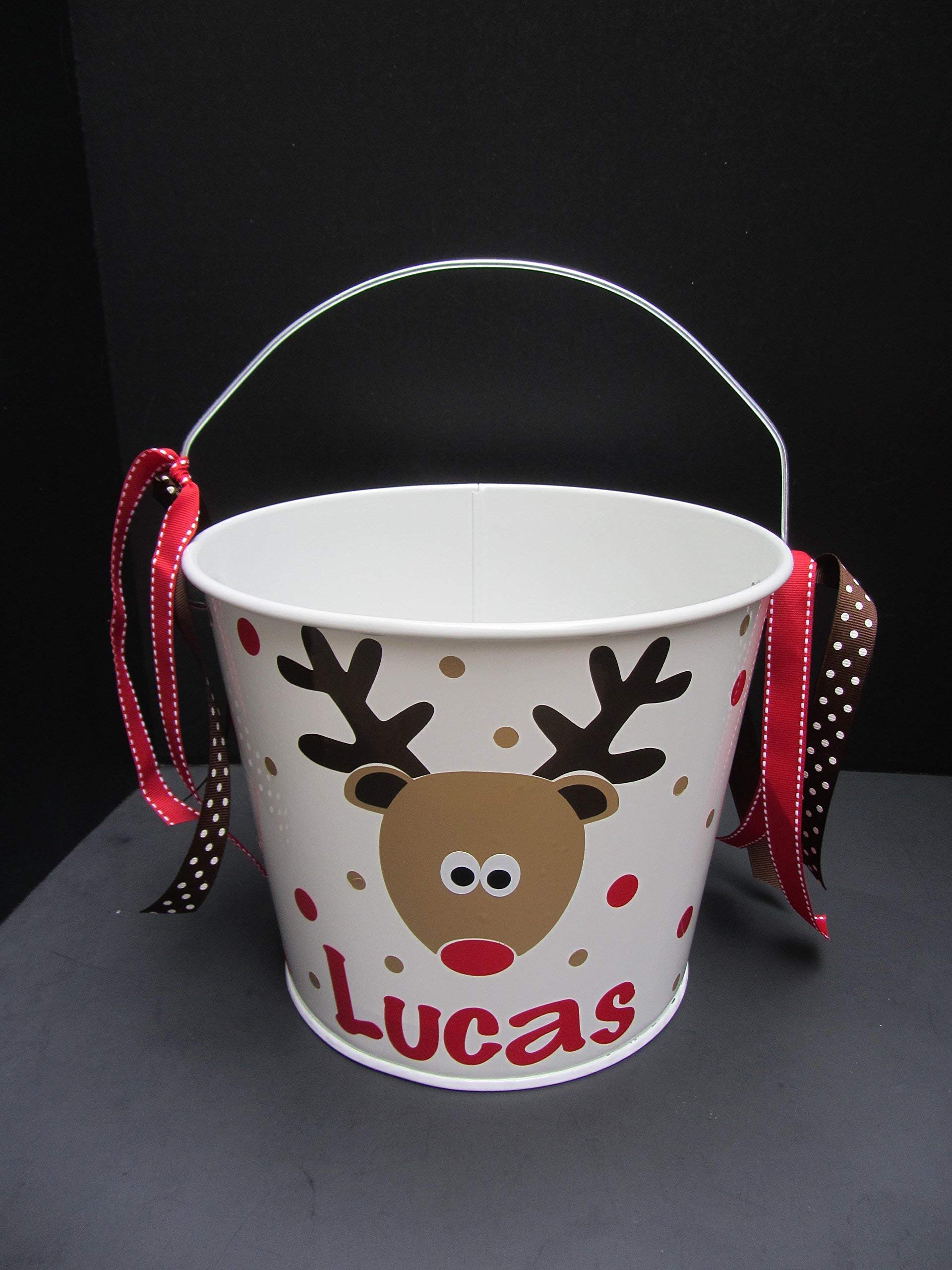 Personalized 5 quart Christmas pail or gift bucket- reindeer design