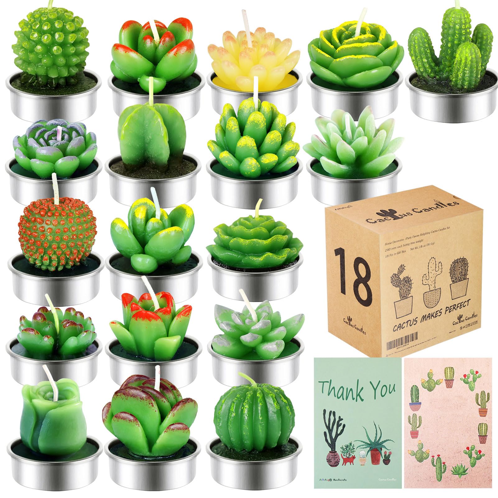 Succulent Cactus Candles (18 Styles,3 Thanks Cards&Gift Boxed) Succulent Decorative Tealights for Home Décor, SPA, Wedding, Baby Shower,Birthday Gift,Mothers Day Gifts,Christmas Gift Decor