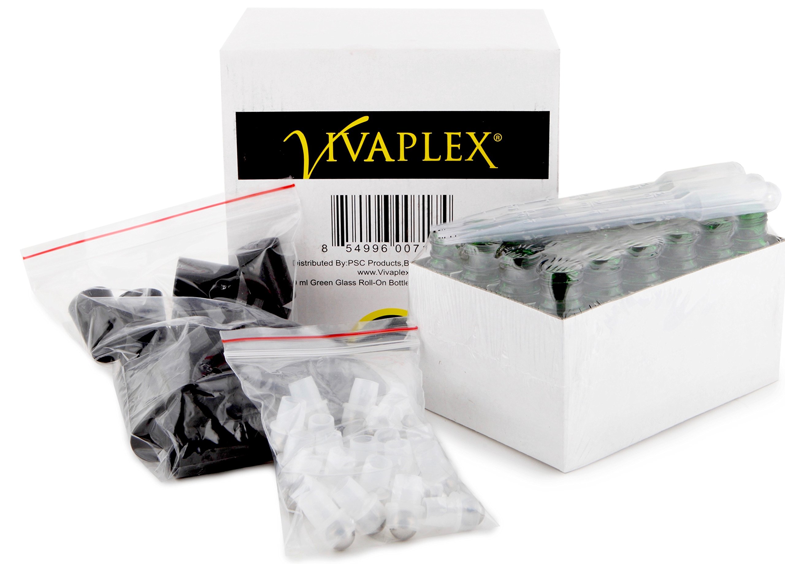 Vivaplex, 24, Green, 10 ml Glass Roll-on Bottles with Stainless Steel Roller Balls - 3-3 ml Droppers included