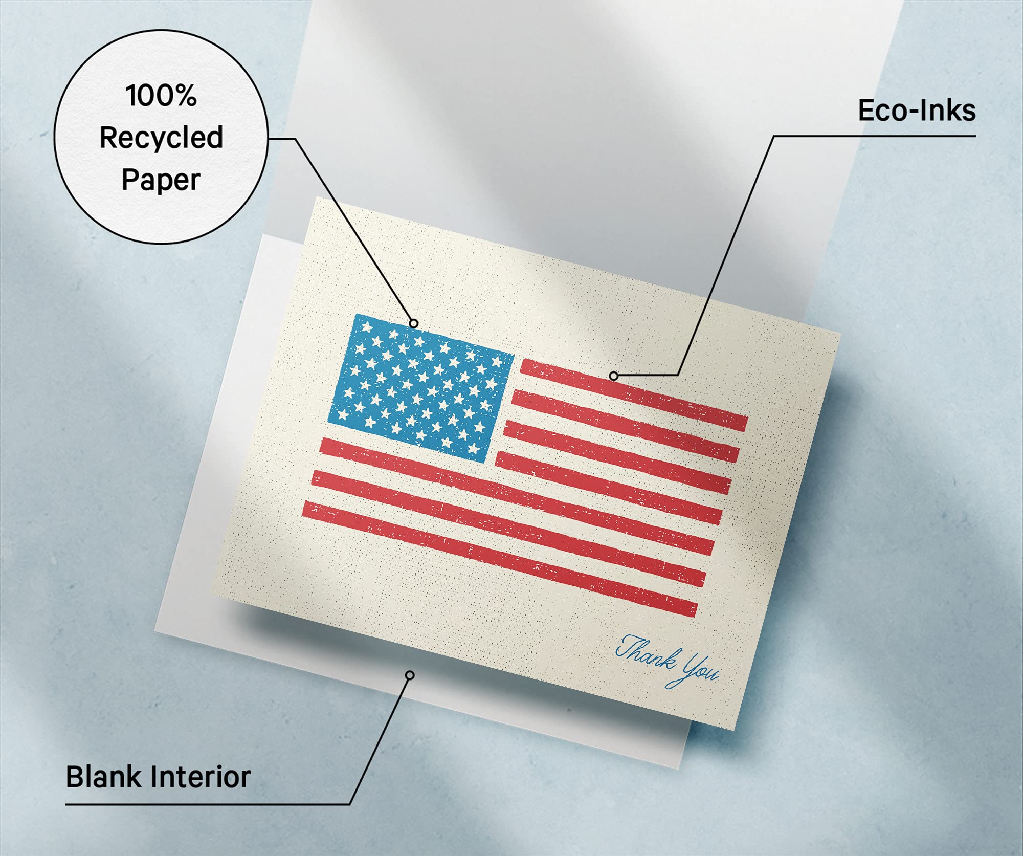 Twigs Paper - American Flag Thank You Cards - Blank Patriotic Stationary Cards w/Envelopes - Greeting Card for Veteran's Day, Memorial Day, 4th of July & More - Made In USA - 5.5" x 4.25" (Set of 12)