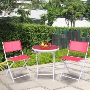 Giantex Bistro Table Set, 3 Piece Patio Bistro Set, Outdoor Folding Table and Chairs, Foldable Patio Dining Set, Porch Furniture Set Garden Backyard Metal Frame No Assembly, Red