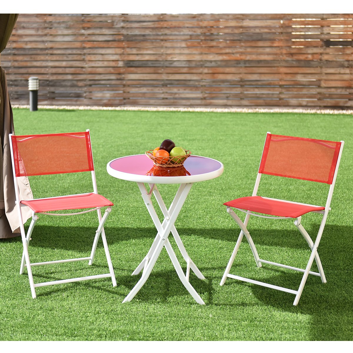 Giantex Bistro Table Set, 3 Piece Patio Bistro Set, Outdoor Folding Table and Chairs, Foldable Patio Dining Set, Porch Furniture Set Garden Backyard Metal Frame No Assembly, Red