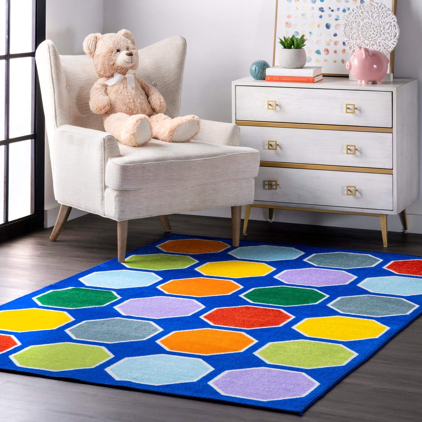 nuLOOM Kecia Octagons Printed Kids Area Rug, 3' 3" x 5', Blue