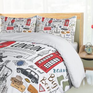 Ambesonne Hipster Duvet Cover Set, I Love London Double Decker Bus Telephone Booth Cab Crown of United Kingdom Big Ben, Decorative 3 Piece Bedding Set with 2 Pillow Shams, Queen Size, White Red