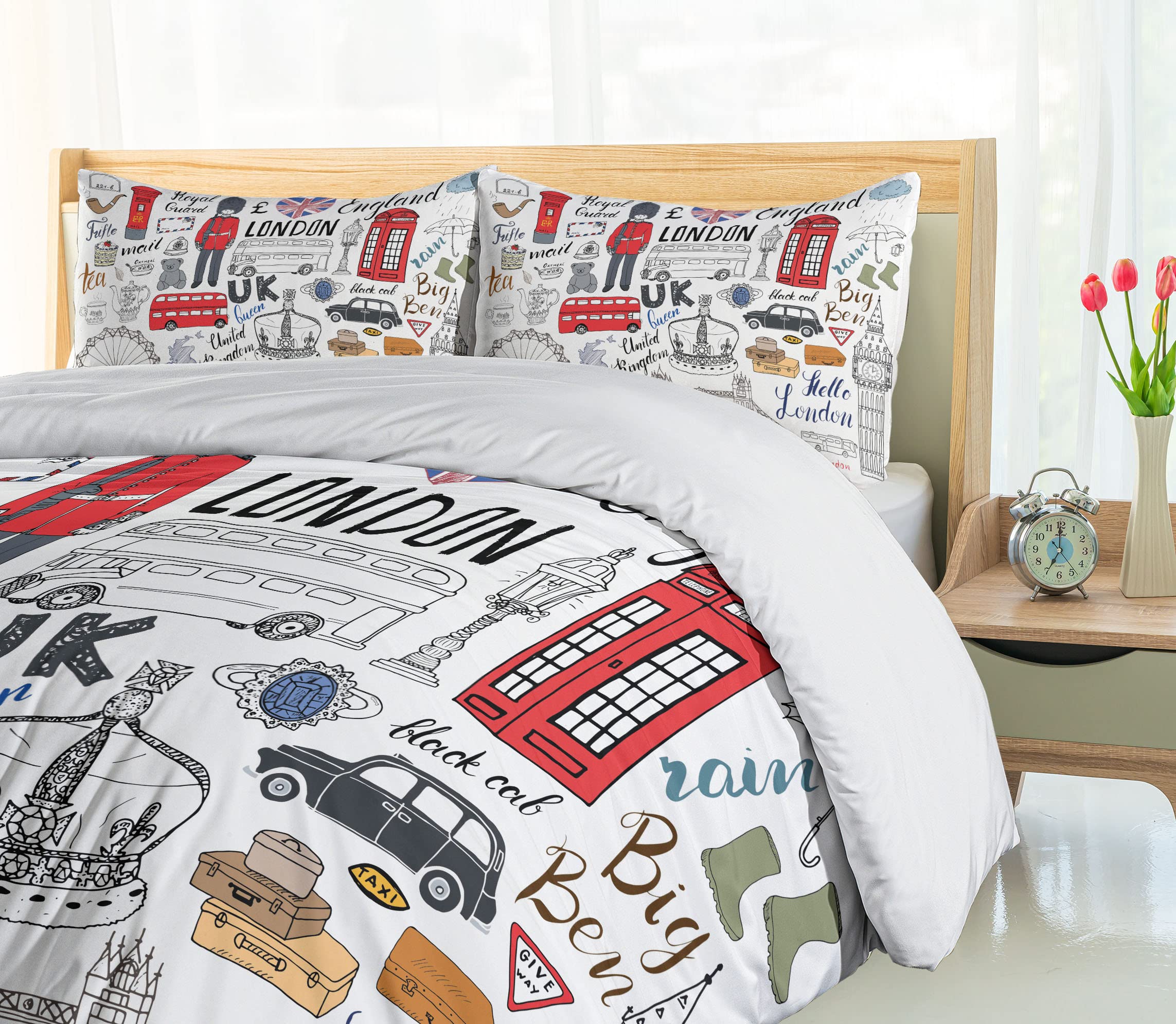 Ambesonne Hipster Duvet Cover Set, I Love London Double Decker Bus Telephone Booth Cab Crown of United Kingdom Big Ben, Decorative 3 Piece Bedding Set with 2 Pillow Shams, Queen Size, White Red