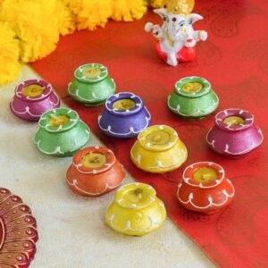 TIED RIBBONS 12 pcs Handmade Clay Diya for Diwali, Wax Filled | Traditional Homemade Diyas Tealight | Indian Oil Lamp | Diwali Decorations for Home | Terracotta Diyas | Matki Diya | Diwali Diya