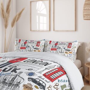 Ambesonne Hipster Duvet Cover Set, I Love London Double Decker Bus Telephone Booth Cab Crown of United Kingdom Big Ben, Decorative 3 Piece Bedding Set with 2 Pillow Shams, Queen Size, White Red