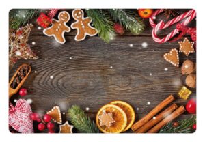 ambesonne pet mat for food and water, rectangle non-slip rubber mat for dogs and cats, christmas frame with spices biscuits elements on table art print, dark cocoa