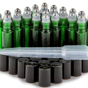 Vivaplex, 24, Green, 10 ml Glass Roll-on Bottles with Stainless Steel Roller Balls - 3-3 ml Droppers included