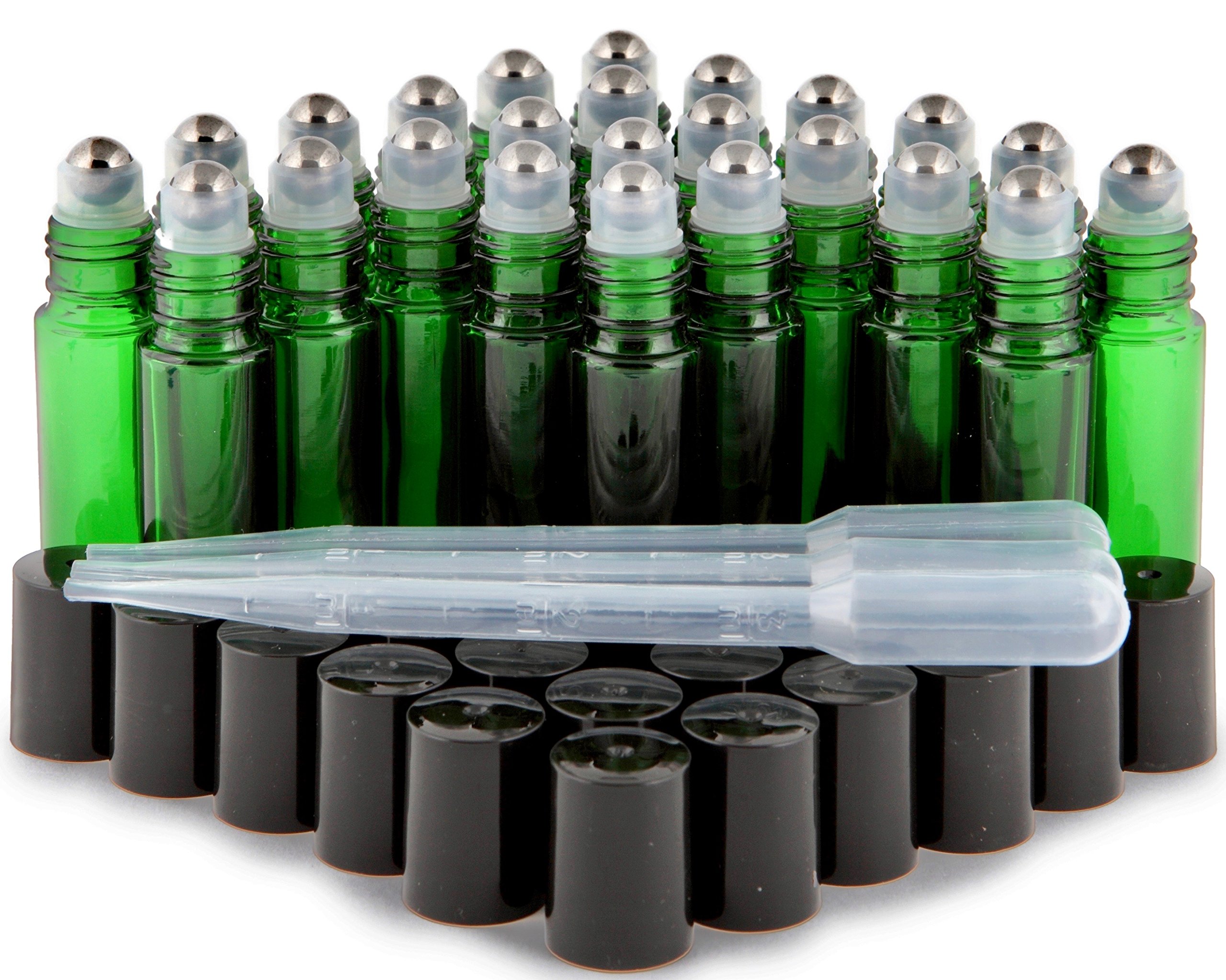 Vivaplex, 24, Green, 10 ml Glass Roll-on Bottles with Stainless Steel Roller Balls - 3-3 ml Droppers included