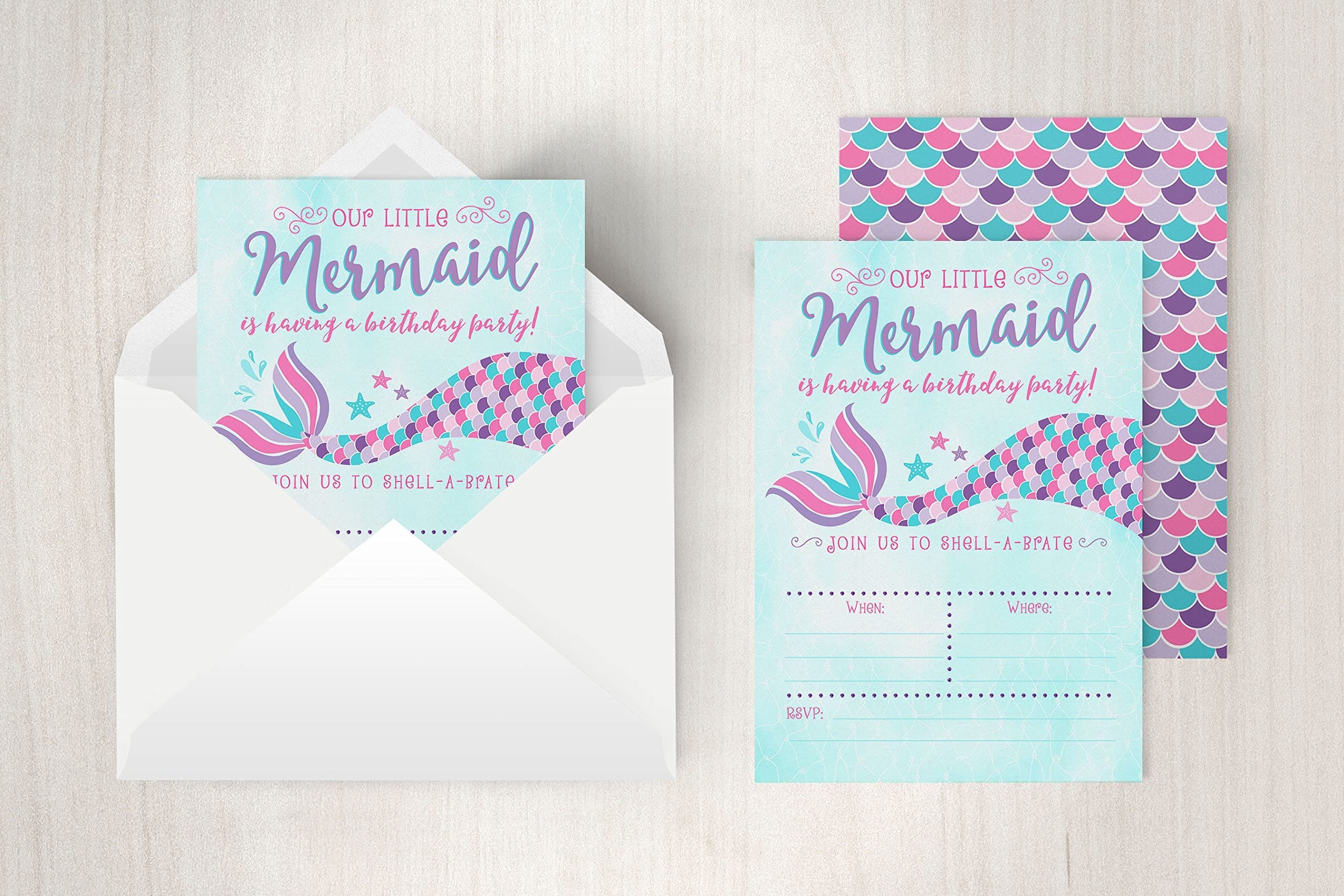 Your Main Event Prints Mermaid Birthday Invitations - Pink and Purple - 20 Fill-In Mermaid Party Invitations - Envelopes Not Included