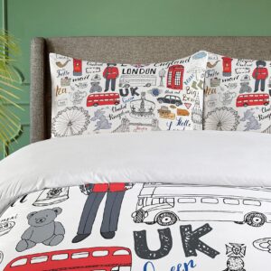 Ambesonne Hipster Duvet Cover Set, I Love London Double Decker Bus Telephone Booth Cab Crown of United Kingdom Big Ben, Decorative 3 Piece Bedding Set with 2 Pillow Shams, Queen Size, White Red