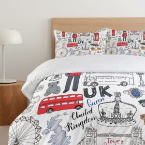 Ambesonne Hipster Duvet Cover Set, I Love London Double Decker Bus Telephone Booth Cab Crown of United Kingdom Big Ben, Decorative 3 Piece Bedding Set with 2 Pillow Shams, Queen Size, White Red