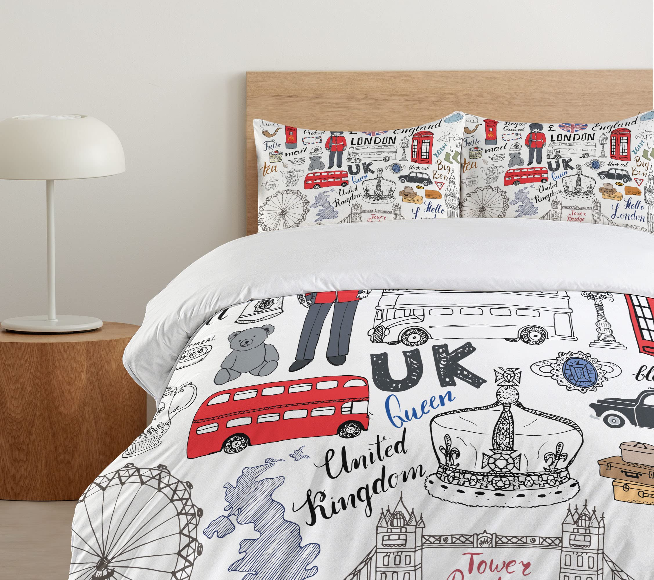 Ambesonne Hipster Duvet Cover Set, I Love London Double Decker Bus Telephone Booth Cab Crown of United Kingdom Big Ben, Decorative 3 Piece Bedding Set with 2 Pillow Shams, Queen Size, White Red