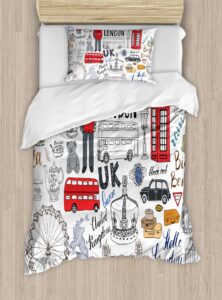 ambesonne hipster duvet cover set, i love london double decker bus telephone booth cab crown of united kingdom big ben, decorative 2 piece bedding set with 1 pillow sham, twin size, white red