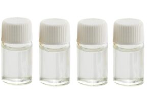 24pcs 2ml /2g mini small ounce clear glass bottle container jar vial pot for chemistry lab essential oil smaple liquid water cosmetic makeup storage bottle with orifice reducer (white cap)