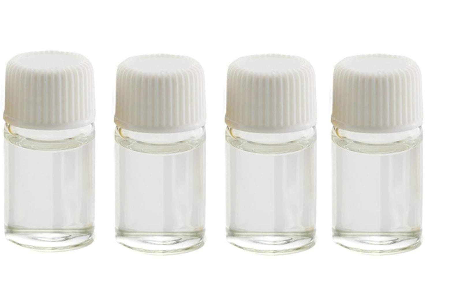 24PCS 2ml /2G Mini Small Ounce Clear Glass Bottle Container Jar Vial Pot for Chemistry Lab Essential Oil Smaple Liquid Water Cosmetic Makeup Storage Bottle with Orifice Reducer (White Cap)