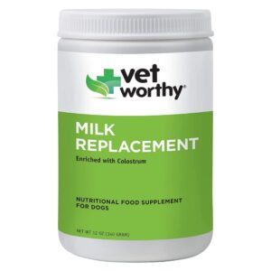 vet worthy milk replacement for dogs - milk formula replacer for puppies, pregnant, lactating, elderly or recovering dogs - enriched with colostrum, whey protein, vitamins and minerals - 12oz