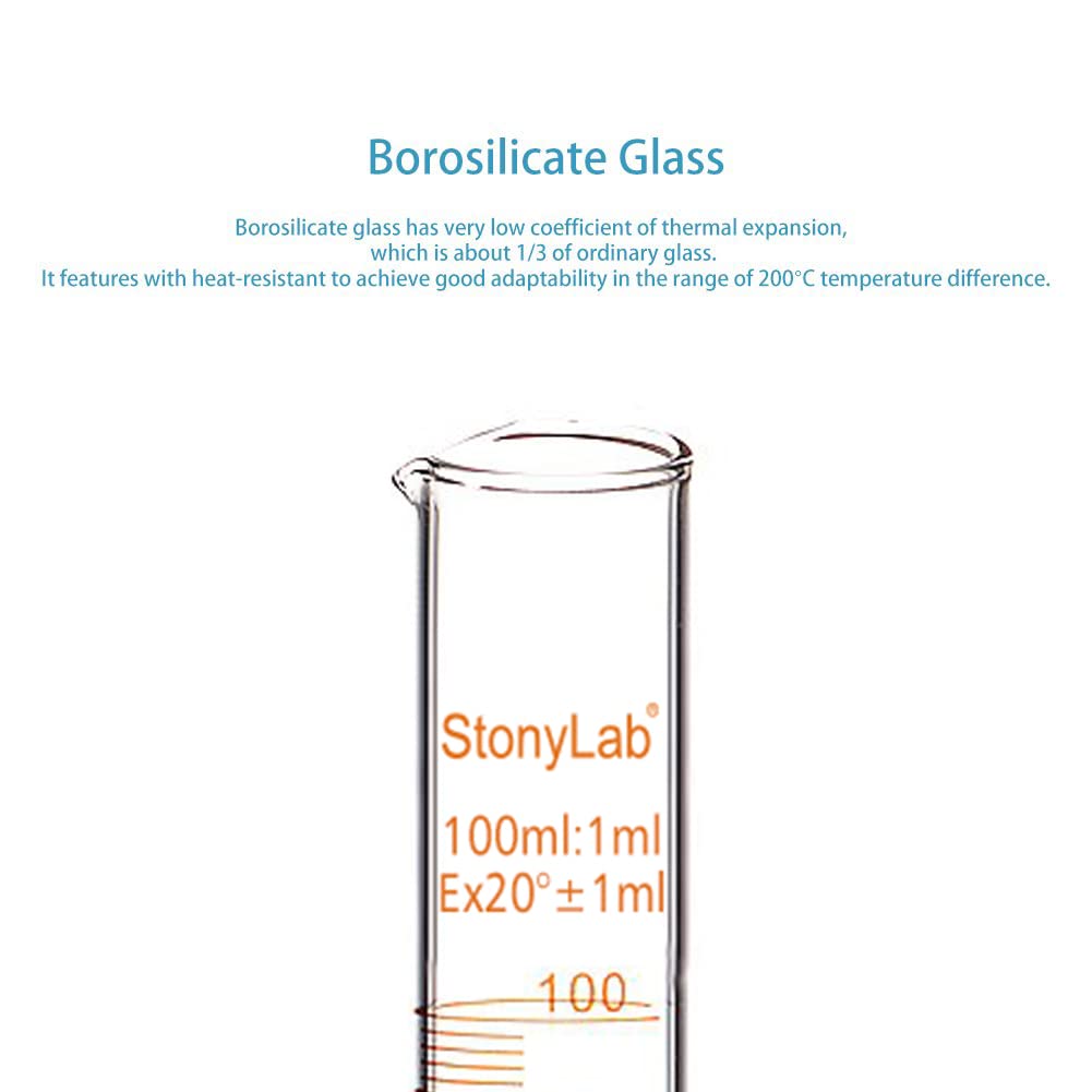 StonyLab 3-Pack Borosilicate Glass 100ml Heavy Wall Graduated Cylinder Measuring Cylinder, 100ml