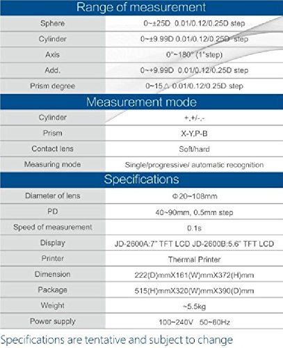 JD-2600A 7'' LCD Touch Screen New Digital Auto Lensmeter Lensometer Focimeter