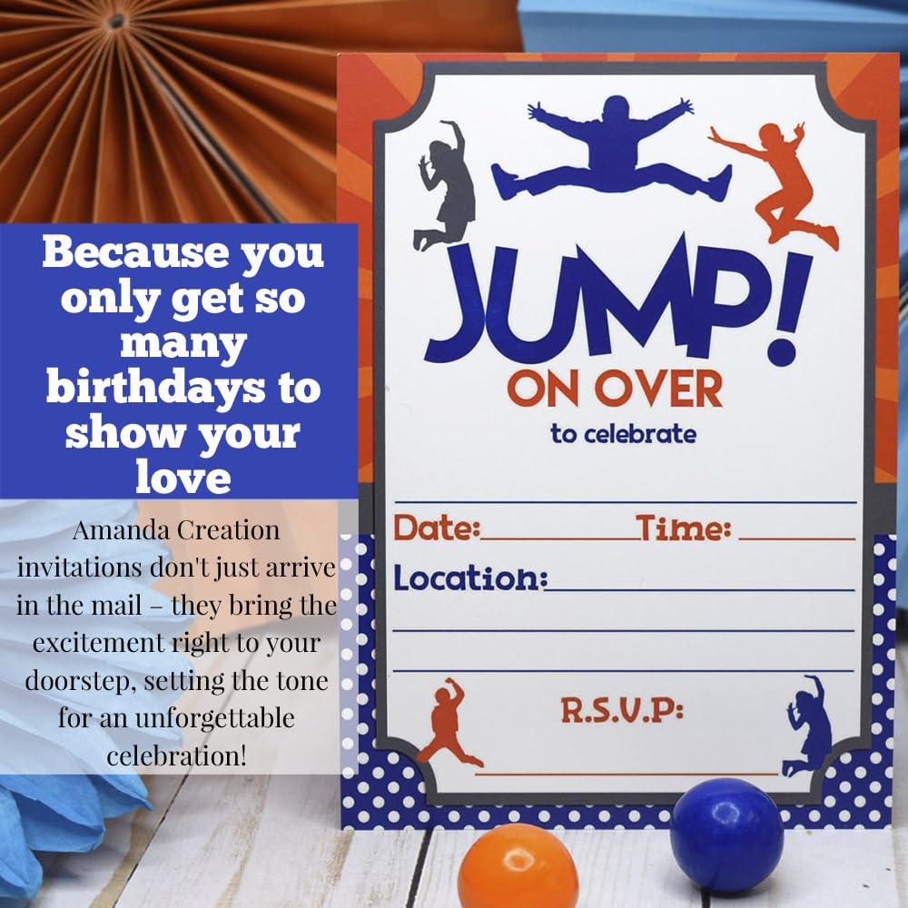 Jump Zone Bounce and Play Trampoline Park Jumping Birthday Party Invitations, 20 5x7 Fill In Cards with Twenty White Envelopes by AmandaCreation