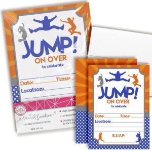 jump zone bounce and play trampoline park jumping birthday party invitations, 20 5x7 fill in cards with twenty white envelopes by amandacreation