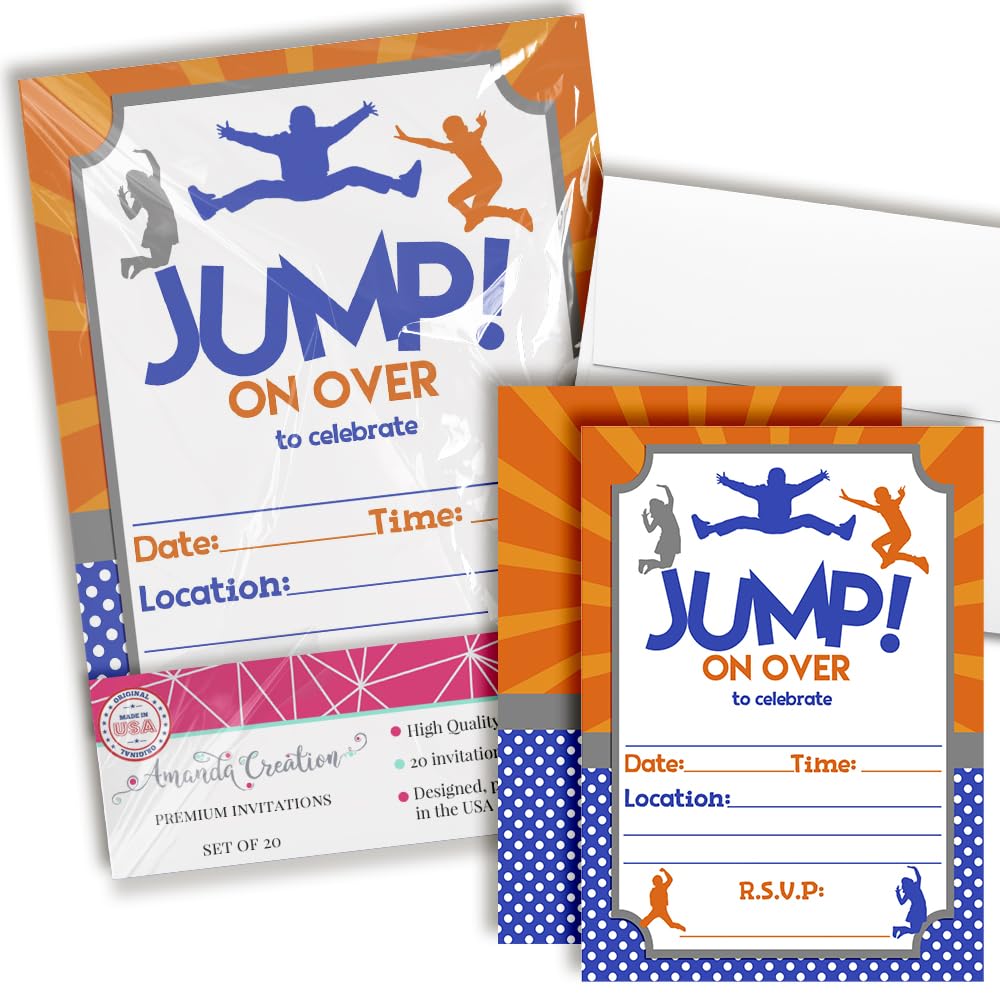 Jump Zone Bounce and Play Trampoline Park Jumping Birthday Party Invitations, 20 5x7 Fill In Cards with Twenty White Envelopes by AmandaCreation