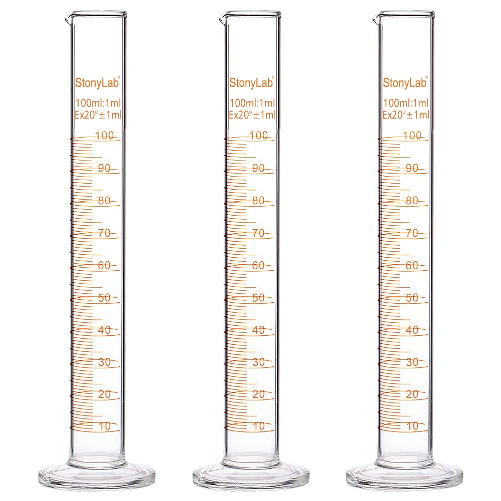 StonyLab 3-Pack Borosilicate Glass 100ml Heavy Wall Graduated Cylinder Measuring Cylinder, 100ml