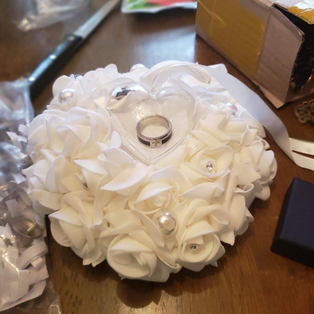 HONEYGIFTS Wedding Ring Pillow, White Ring Polypropylene Pillow Lace Crystal Rose Wedding Heart Ring Box Ring Holder