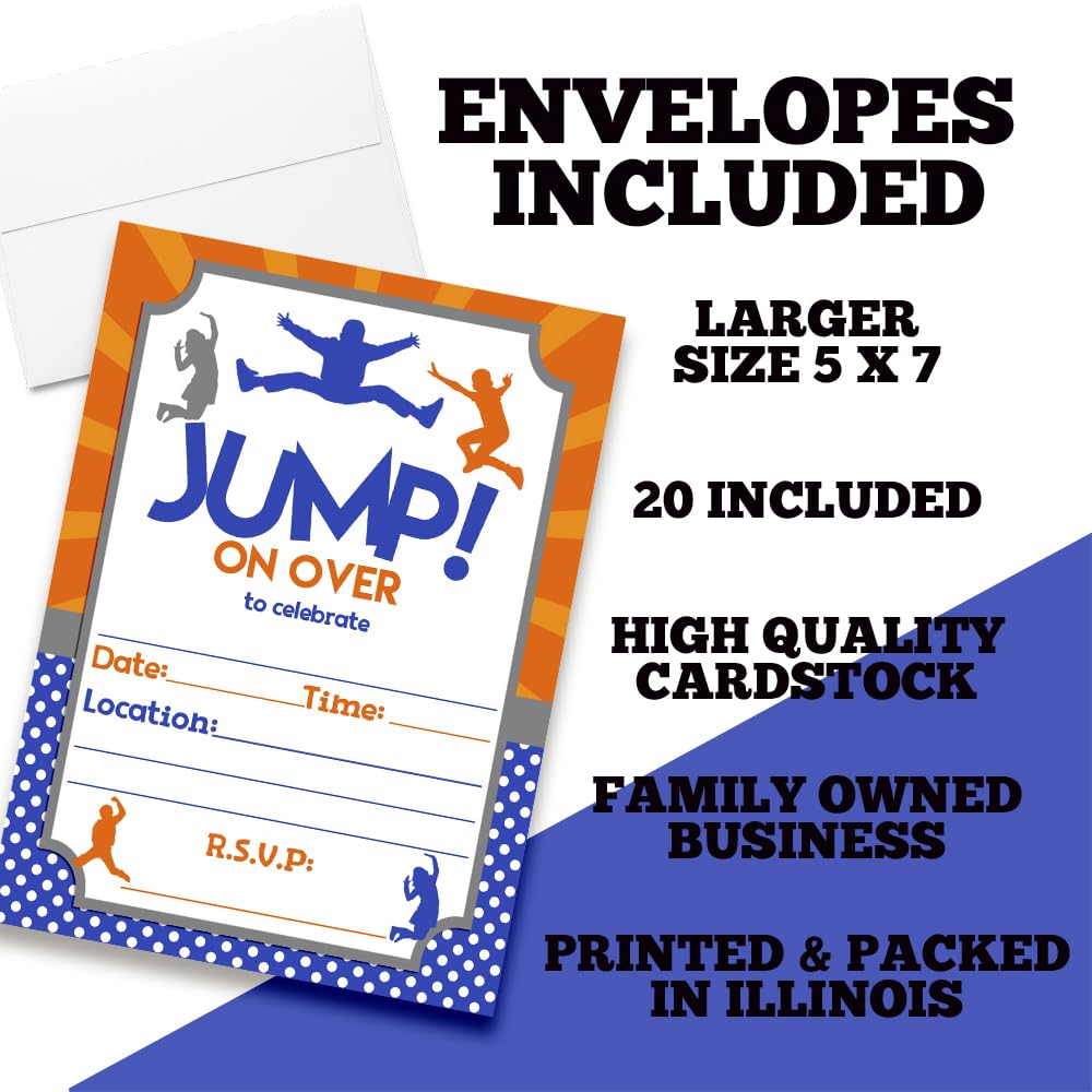 Jump Zone Bounce and Play Trampoline Park Jumping Birthday Party Invitations, 20 5x7 Fill In Cards with Twenty White Envelopes by AmandaCreation