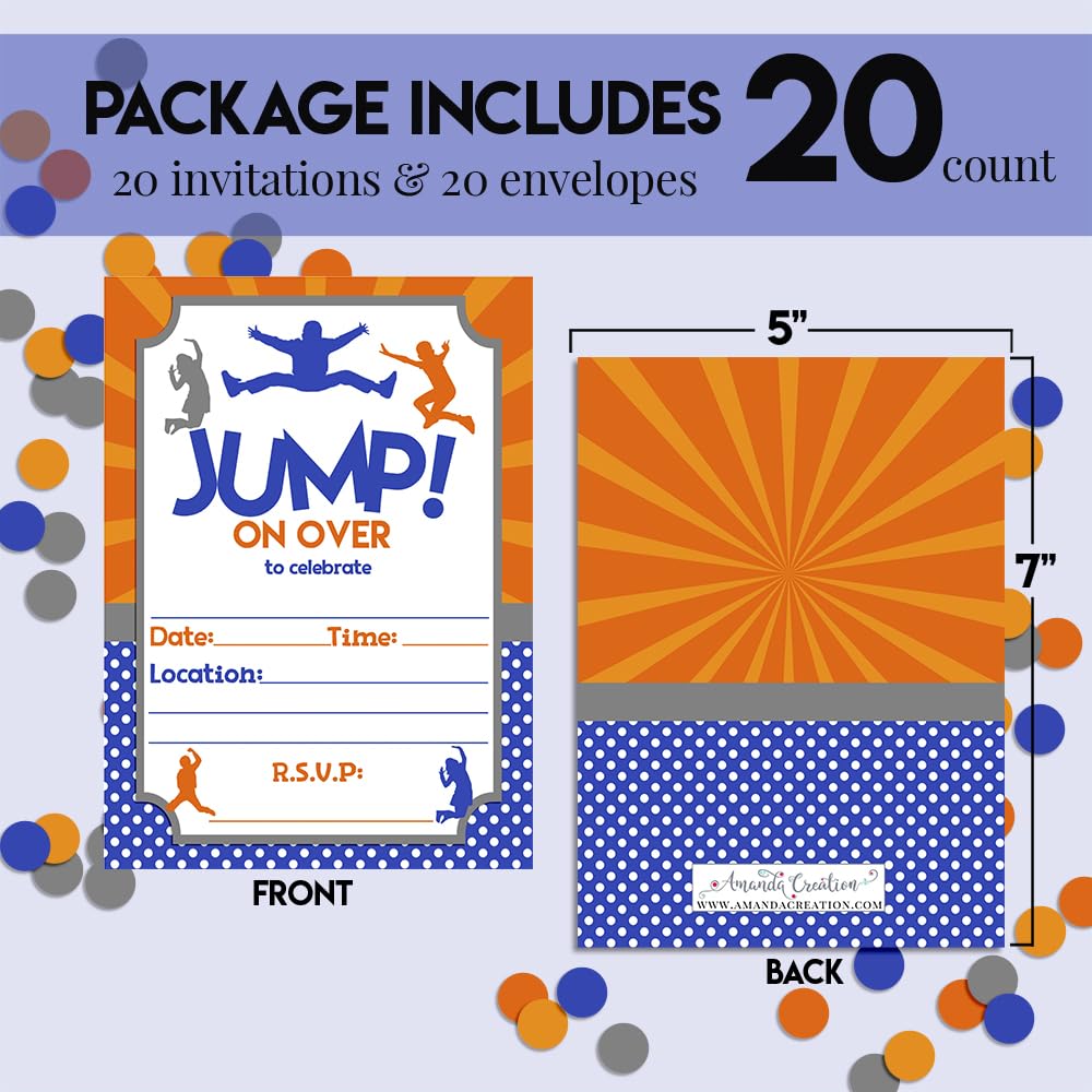 Jump Zone Bounce and Play Trampoline Park Jumping Birthday Party Invitations, 20 5x7 Fill In Cards with Twenty White Envelopes by AmandaCreation