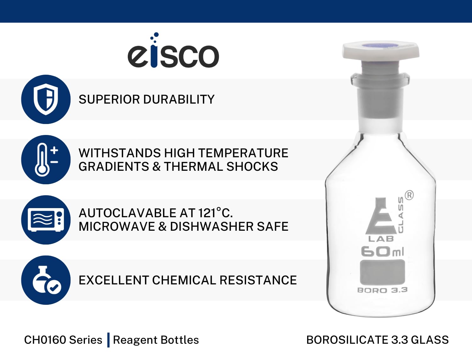 EISCO 500mL (16.9oz) Glass Reagent Bottle with Acid Proof Polypropylene Stopper, Borosilicate 3.3 Glass Labs