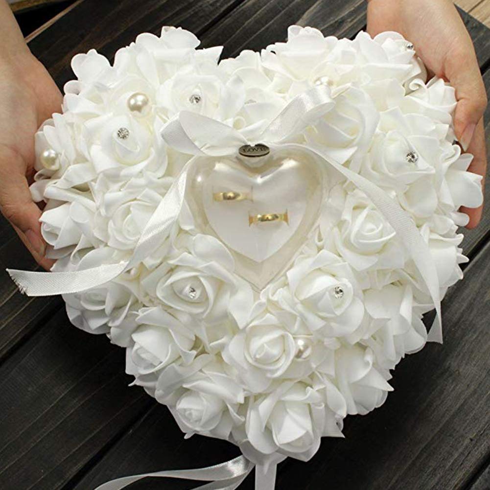 HONEYGIFTS Wedding Ring Pillow, White Ring Polypropylene Pillow Lace Crystal Rose Wedding Heart Ring Box Ring Holder