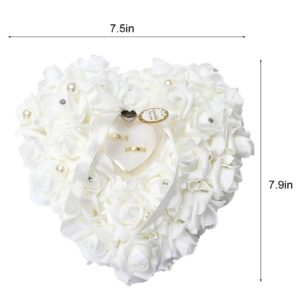 HONEYGIFTS Wedding Ring Pillow, White Ring Polypropylene Pillow Lace Crystal Rose Wedding Heart Ring Box Ring Holder