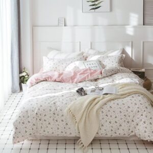 vclife queen cotton duvet cover pink white floral bedding sets, vintage style flower branches pattern duvet covers with zipper closure- 1 duvet cover and 2 pillow covers, breathable lightweight